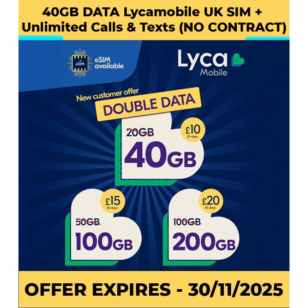 Lycamobile £10 SIM – 40GB Data + Unlimited Calls & Texts | No Contract